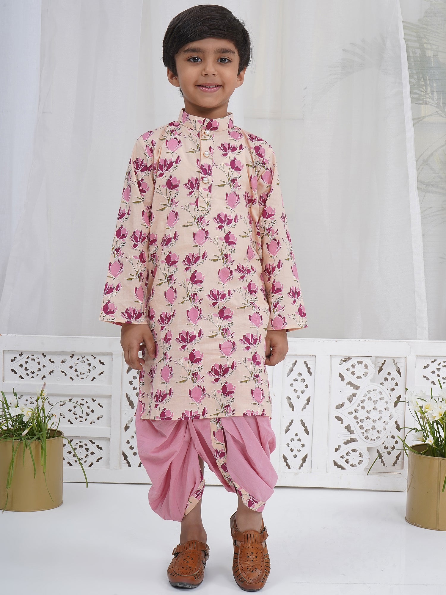 Boys Peach Lotus Kurta Dhoti Set | Festive Wear Set of 2 for Age 1 - 8 ...