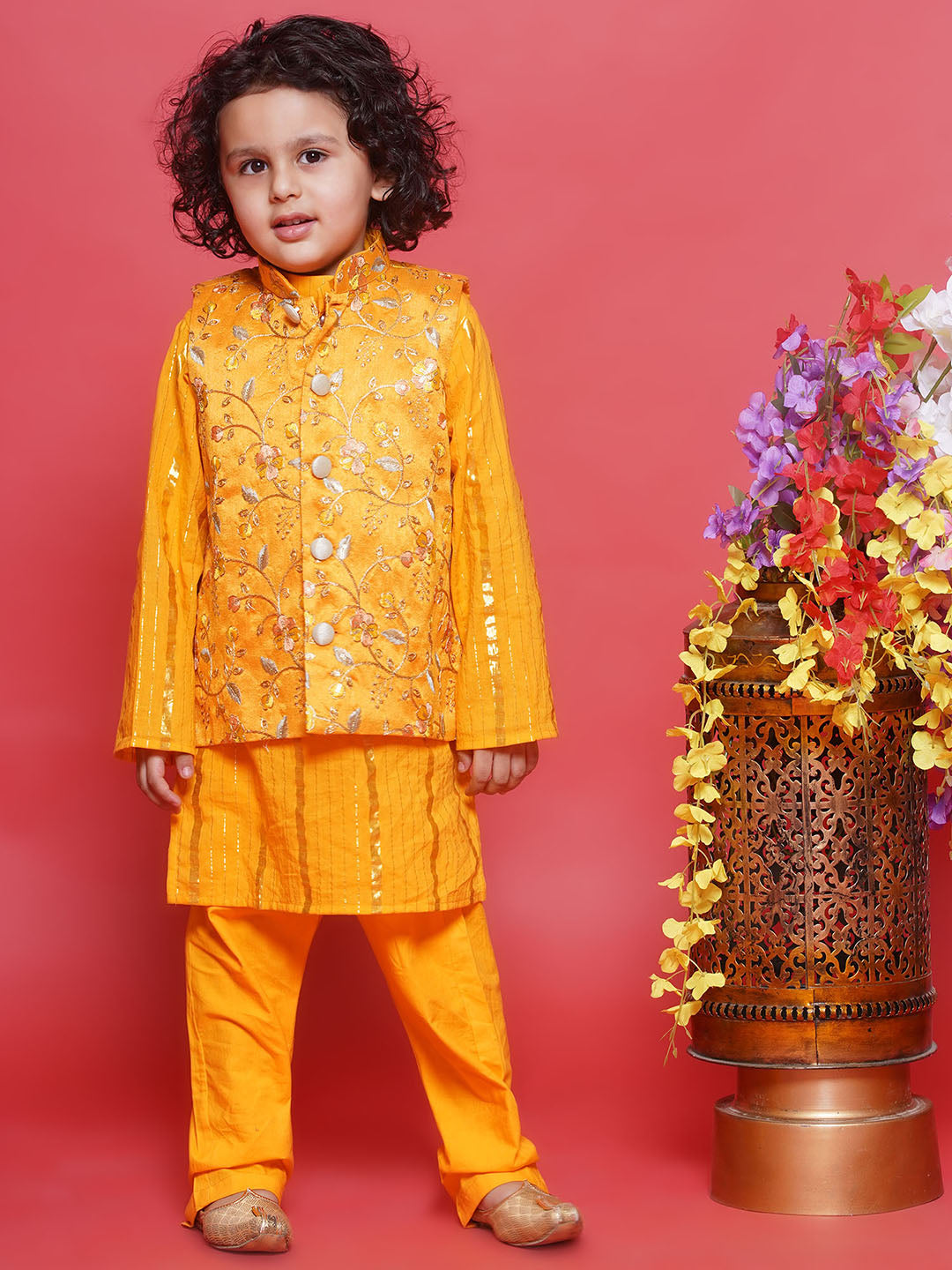 Cotton Full Sleeves Kurta with Floral Embroidery Nehru Jacket and Pyja ...