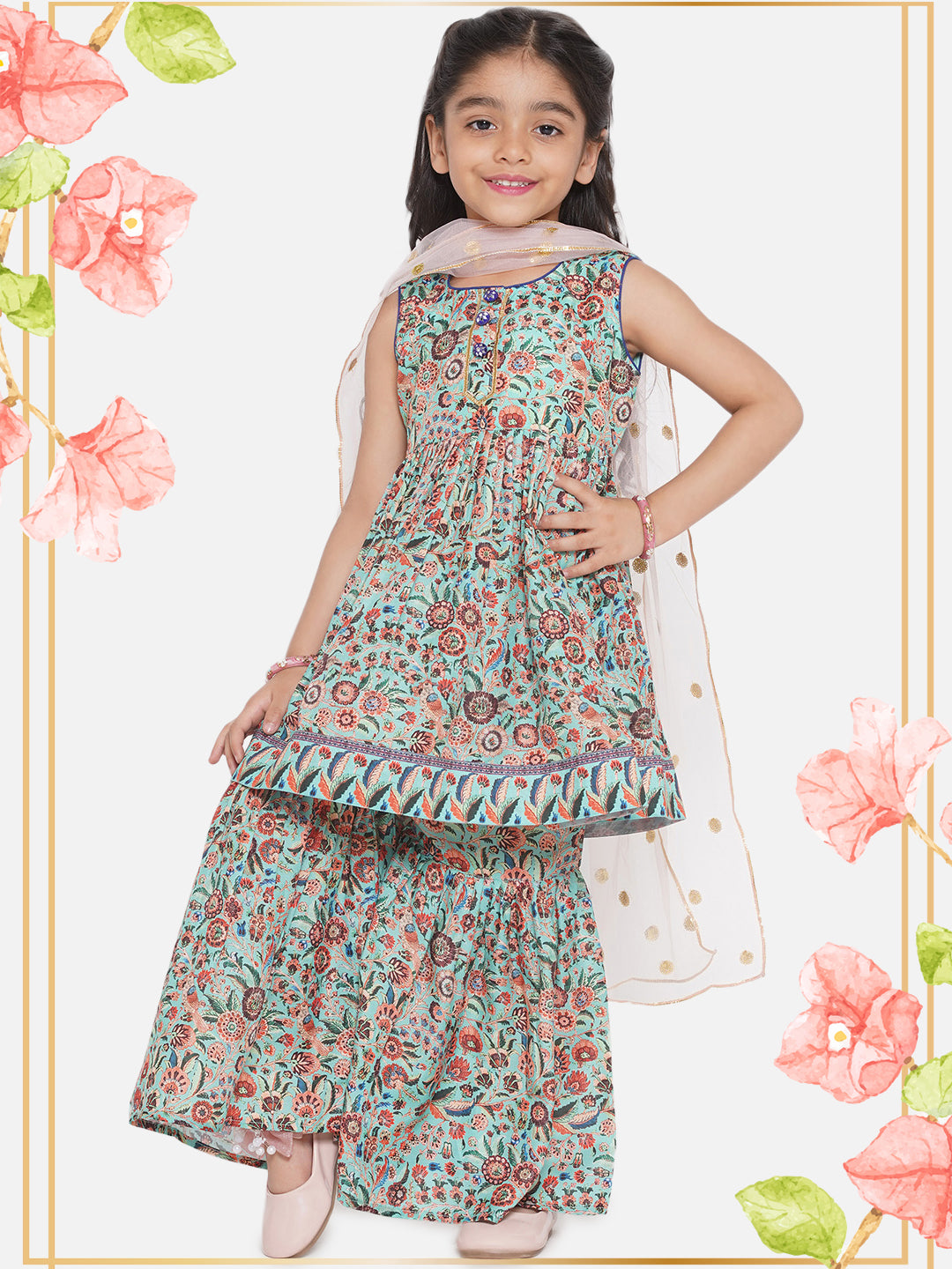 Floral Kurta with Ghera wala Sharara and Dupatta - Green – Little Bansi