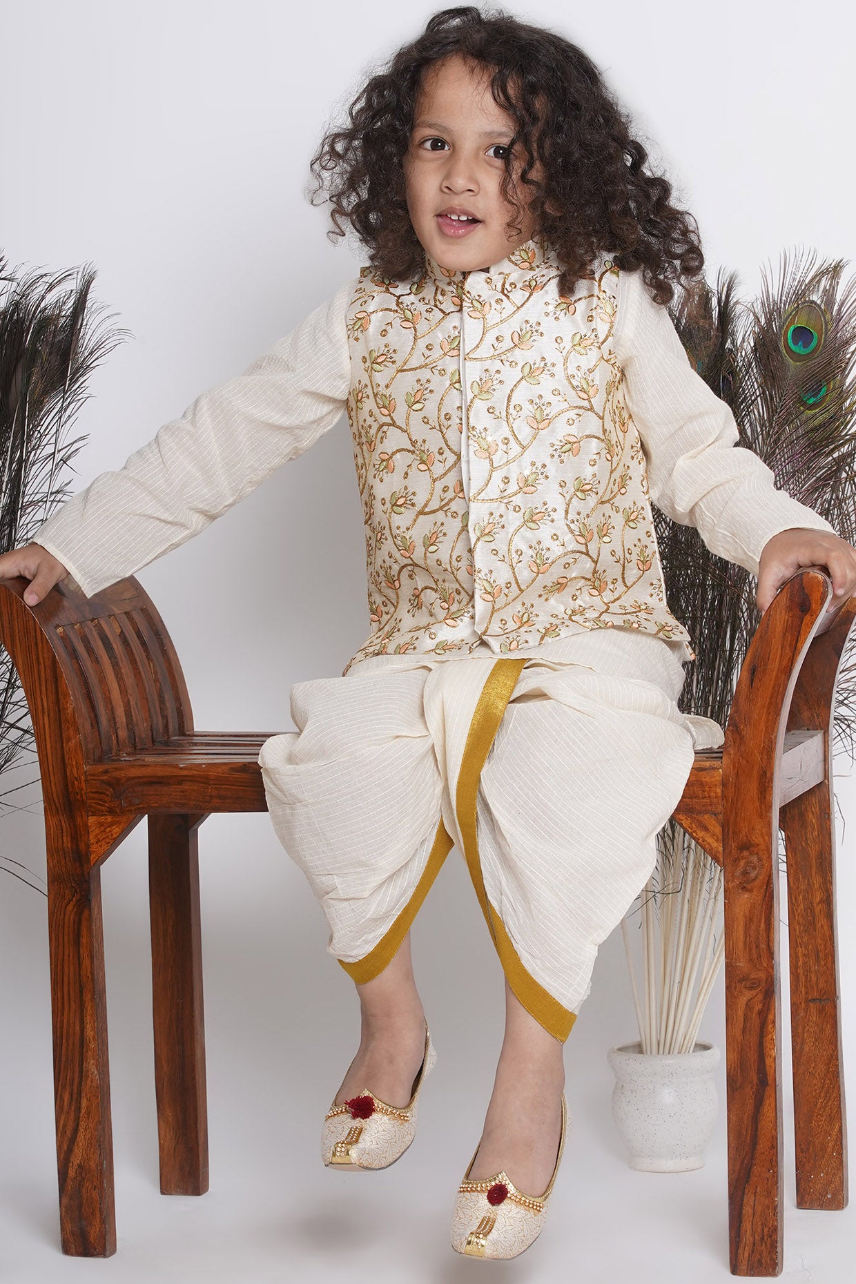 Banarasi Boys Floral Embroidery Jacket with Cotton Kantha kurta and Dh ...