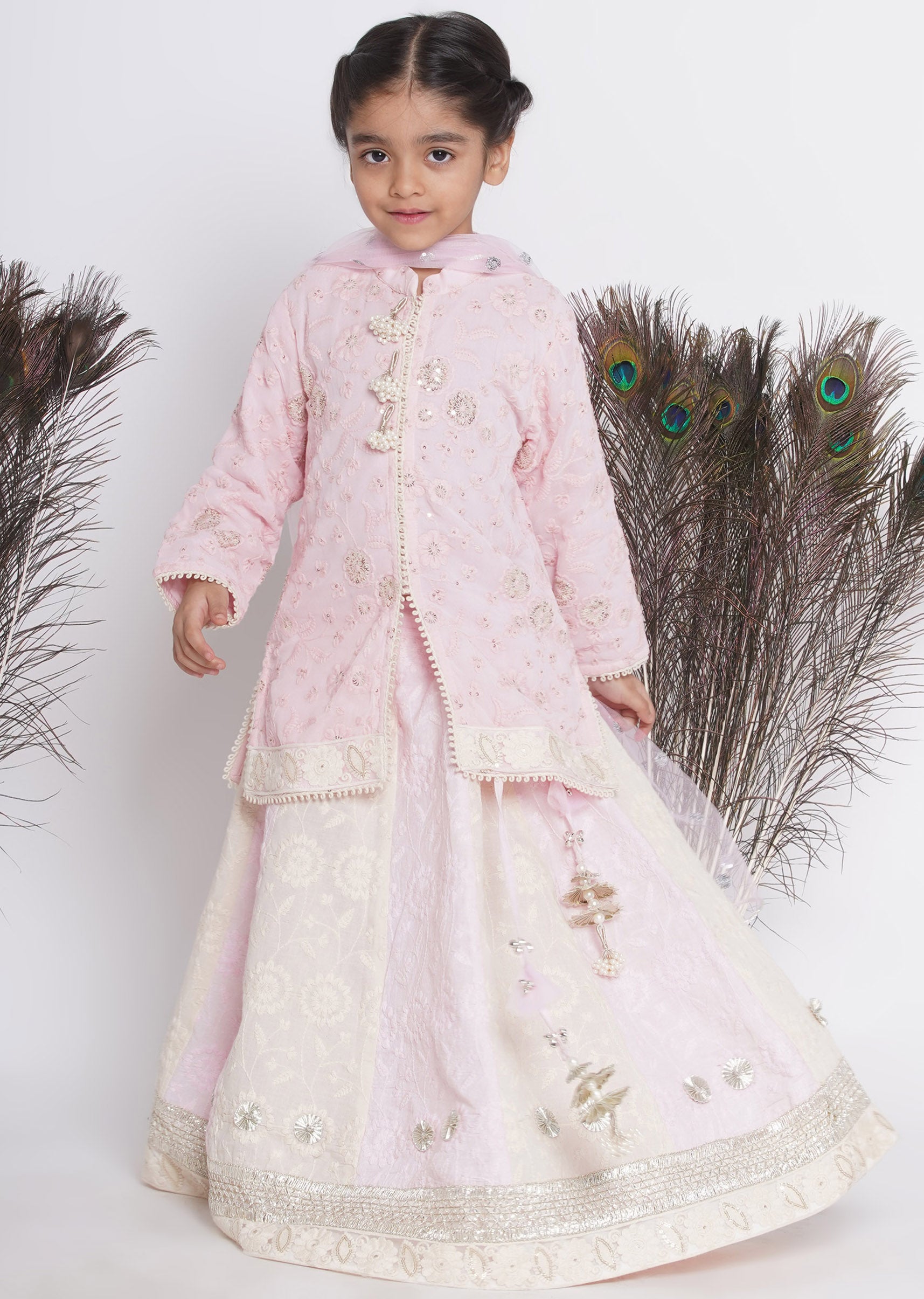 Girls Baby Pink & Cream Kali Work Lehenga with Handwork of Gota and Tu ...