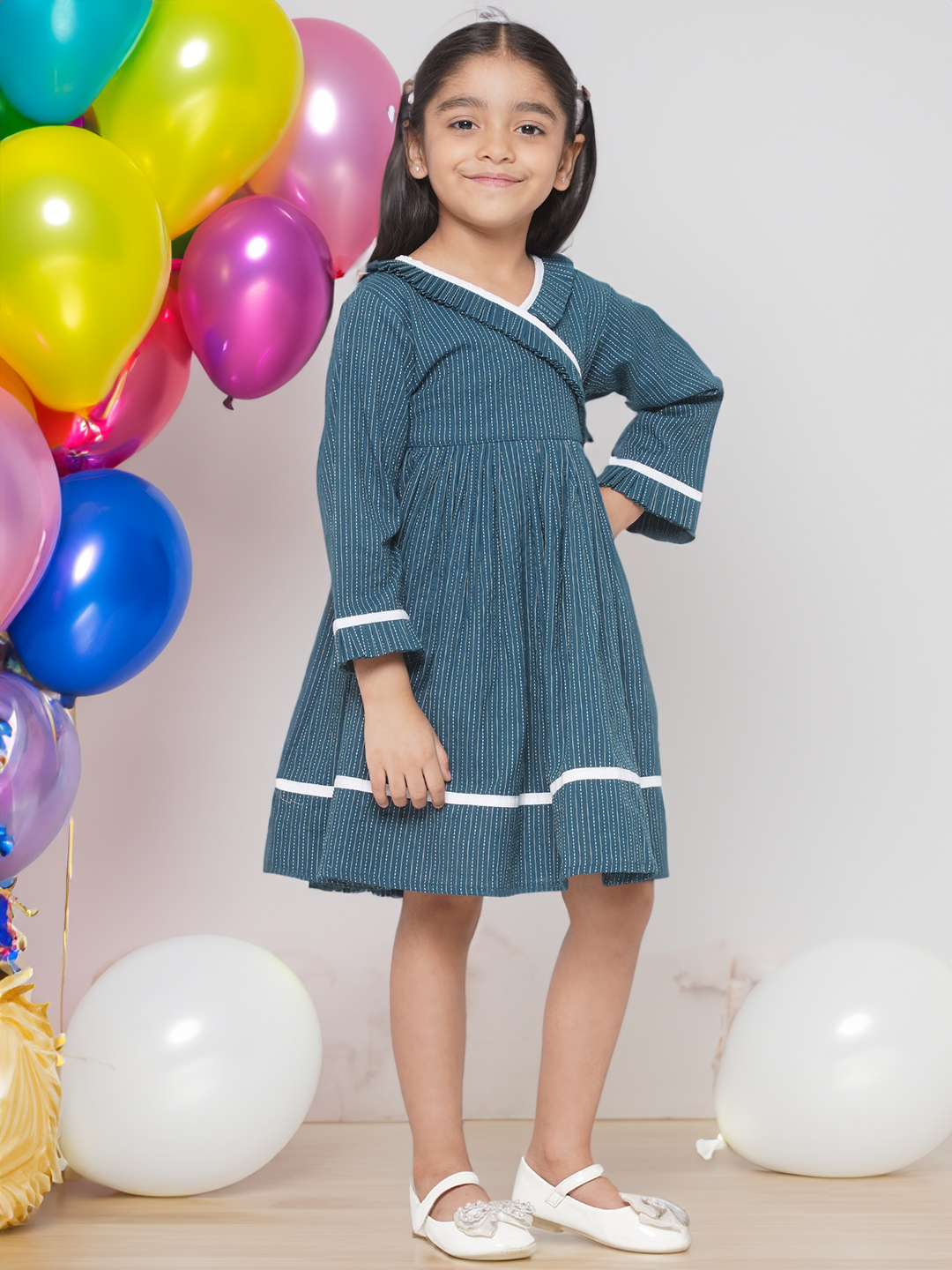 Little Bansi Girls Thread Work Frilled Frock - Turquoise Green