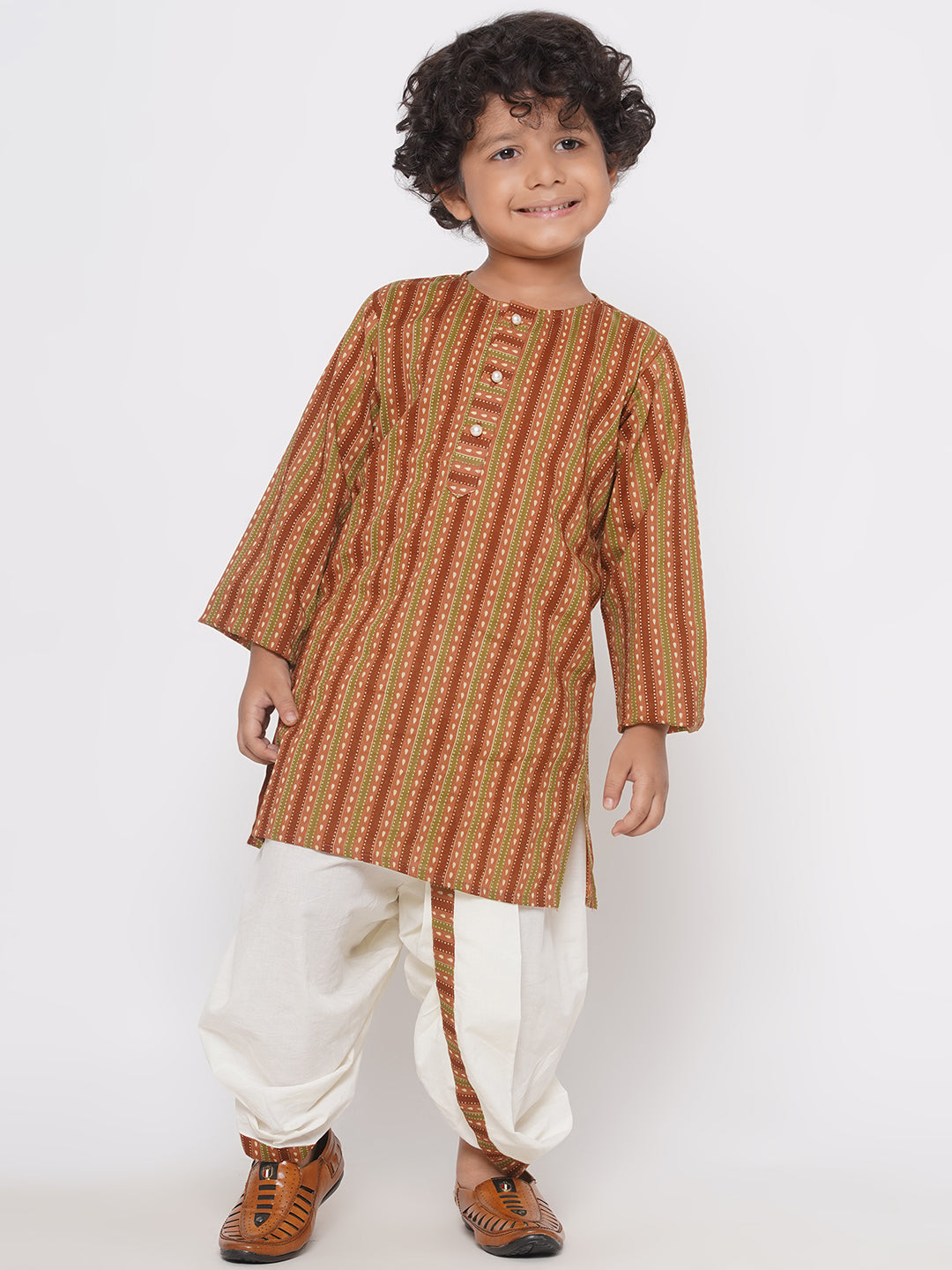 Bengali Print Kurta with Pearl Button & Dhoti - Brown – Little Bansi
