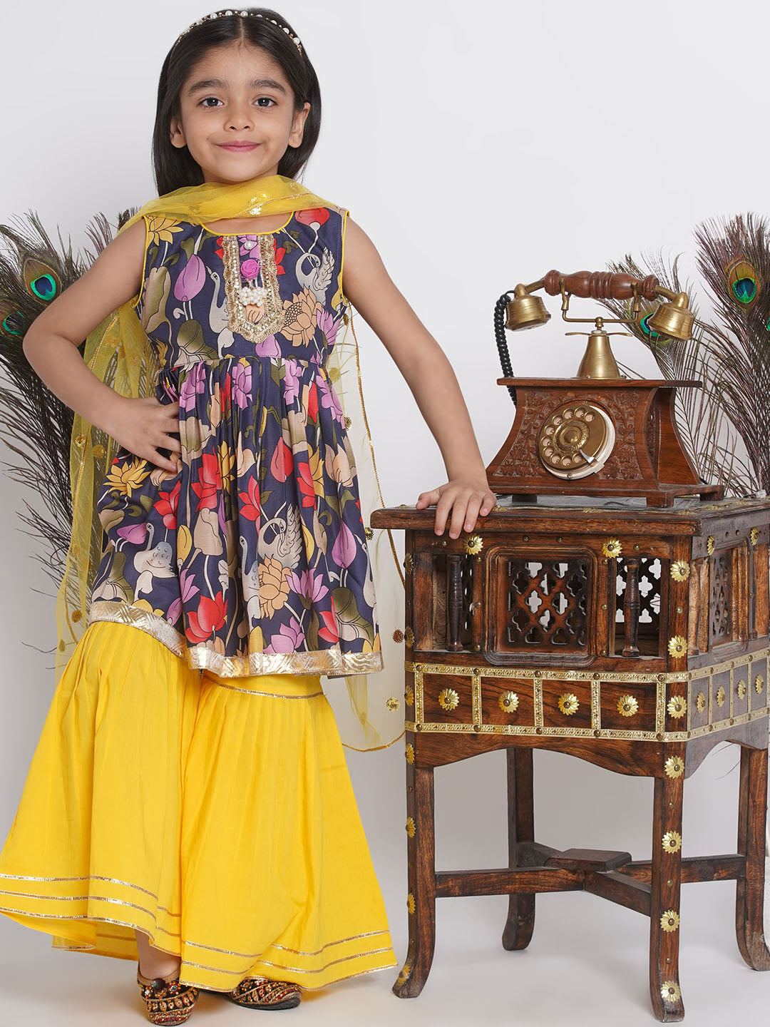 Lotus & Duck Print Frock Style Kurta with Gota work sharara and Dupatt ...